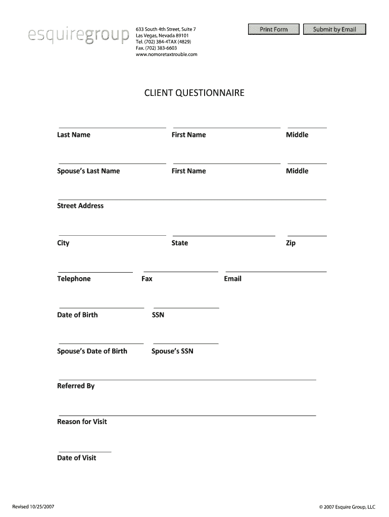 Fillable Online CLIENT QUESTIONNAIRE - Esquire Group LLC Fax Email ...