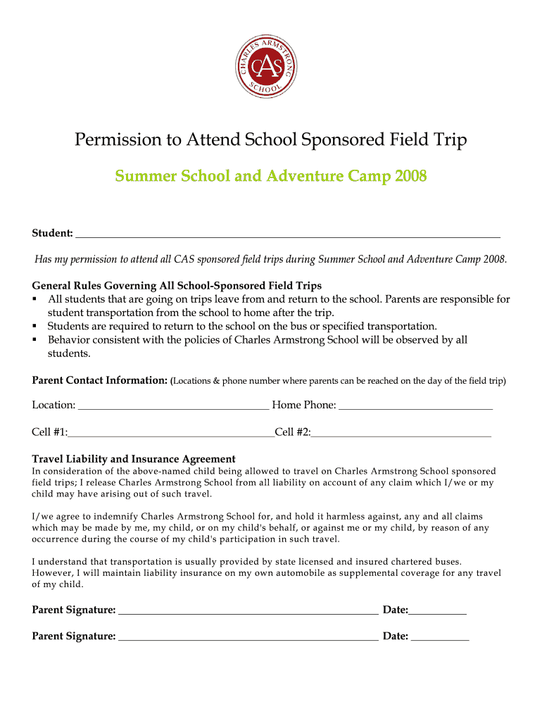 Fillable Online Permission to Attend School Sponsored Field Trip Fax ...