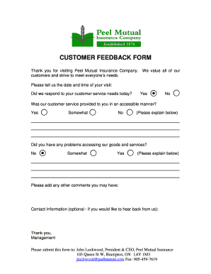 Fillable Online Customer feedback form - Peel Mutual Insurance Company ...