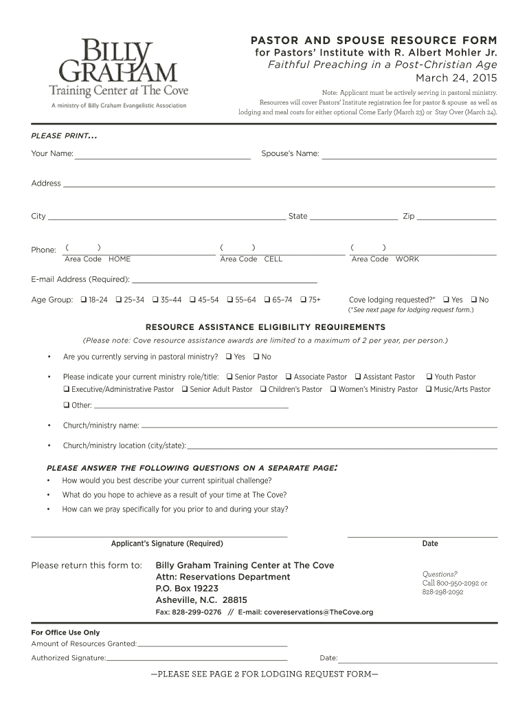 Fillable Online thecove Pastor and spouse resource form for Pastors ...