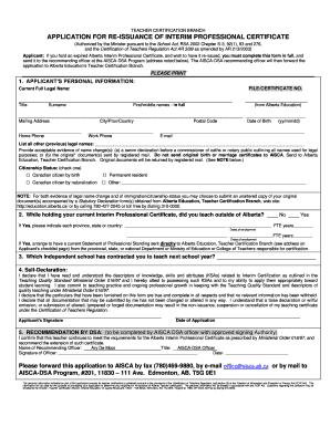 Fillable Online APPLICATION FOR RE-ISSUANCE OF INTERIM PROFESSIONAL ...