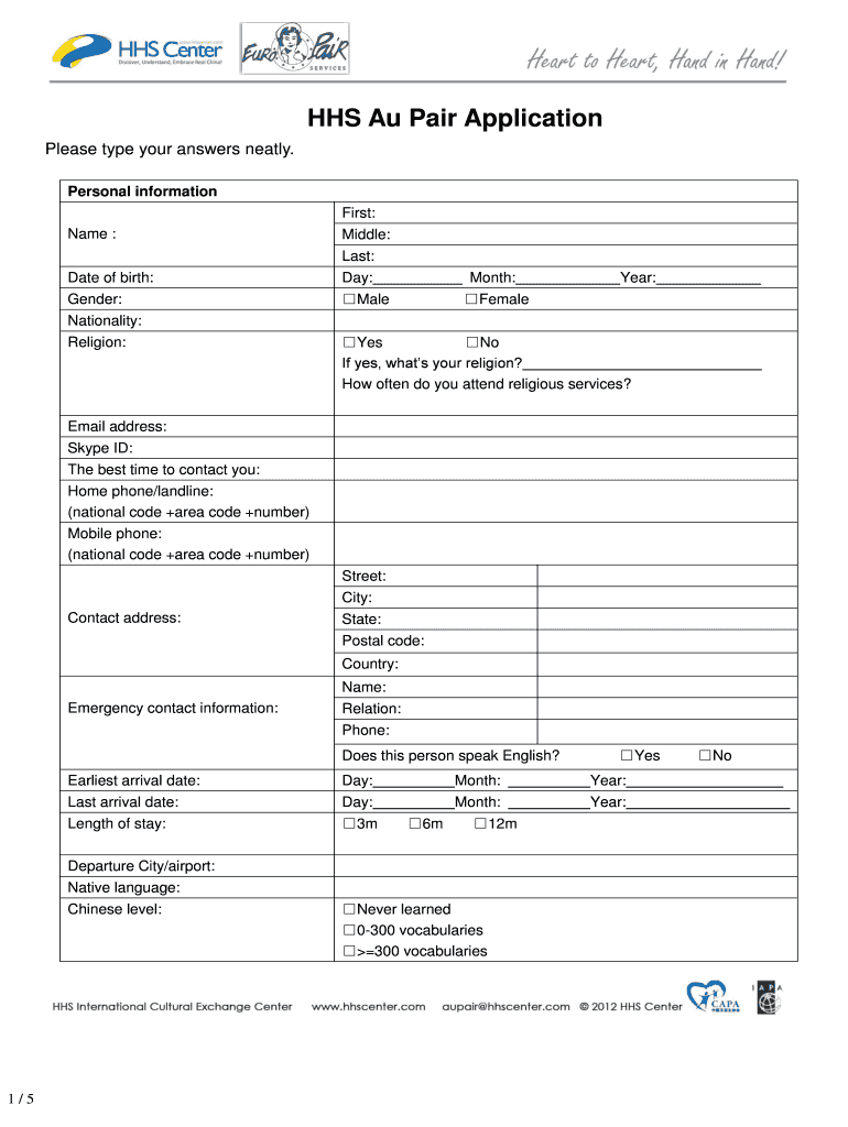 Fillable Online HHS Au Pair Application - Europair services Fax Email ...