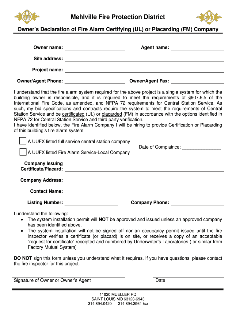 Fillable Online Owner Declaration Fire Alarmdoc Fax Email Print - pdfFiller