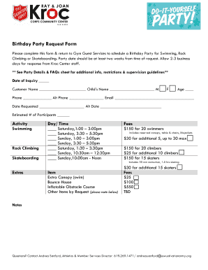 Fillable Online sd kroccenter Birthday Party Request Form - Kroc Center ...