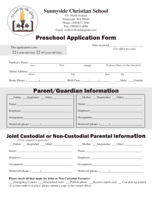 Fillable Online sunnysidechristianschool PreSchool Application Form ...