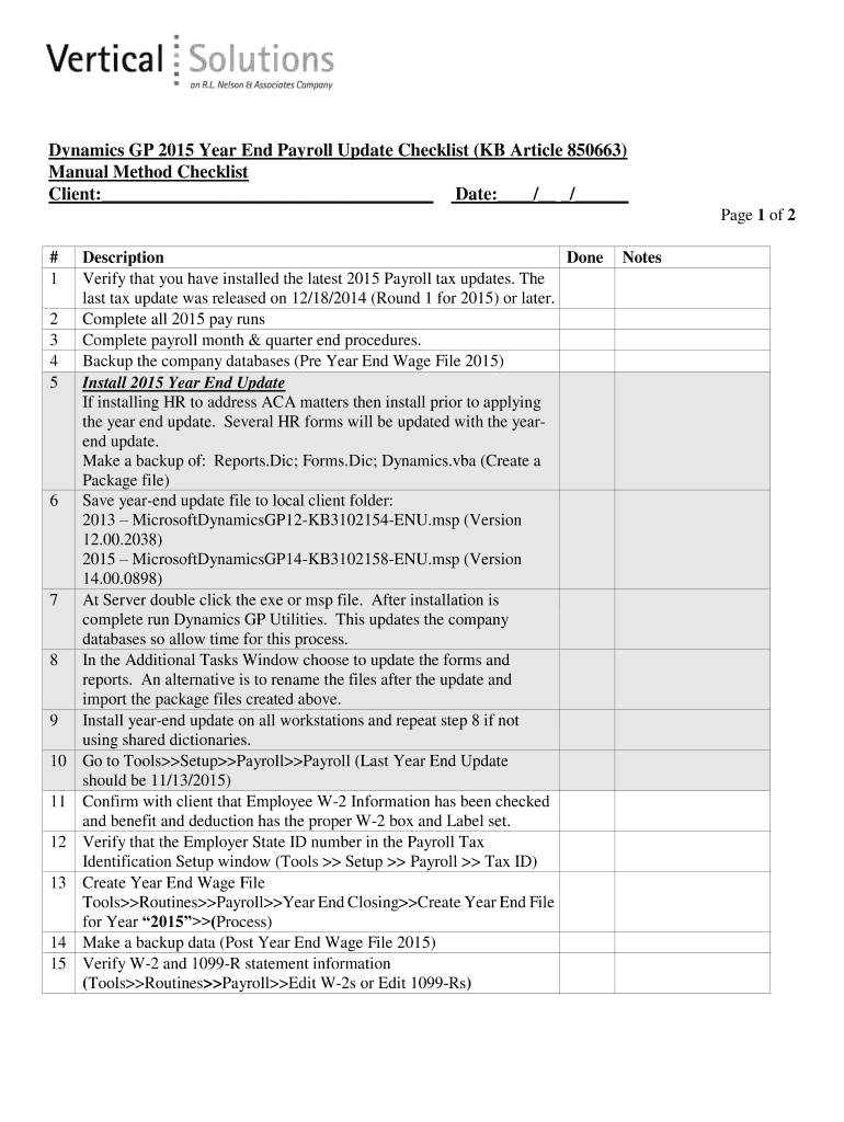Fillable Online Dynamics GP 2015 Year End Payroll Update Checklist KB ...