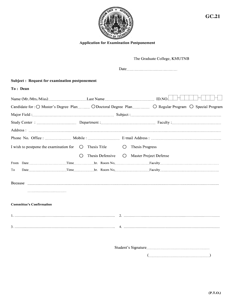 Fillable Online grad kmutnb ac Application for Examination Postponement ...