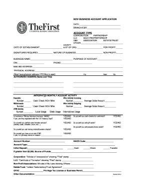 Fillable Online New Business Account Application - The First Fax Email ...