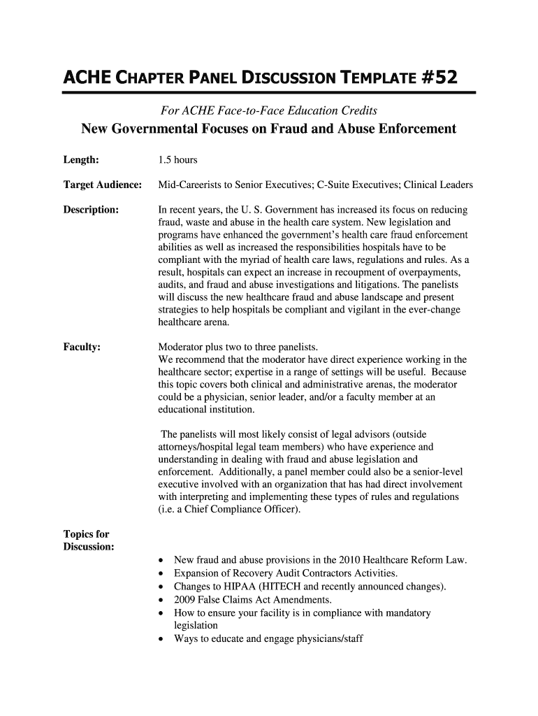 Fillable Online ache ACHE CHAPTER PANEL DISCUSSION TEMPLATE #52 Fax ...