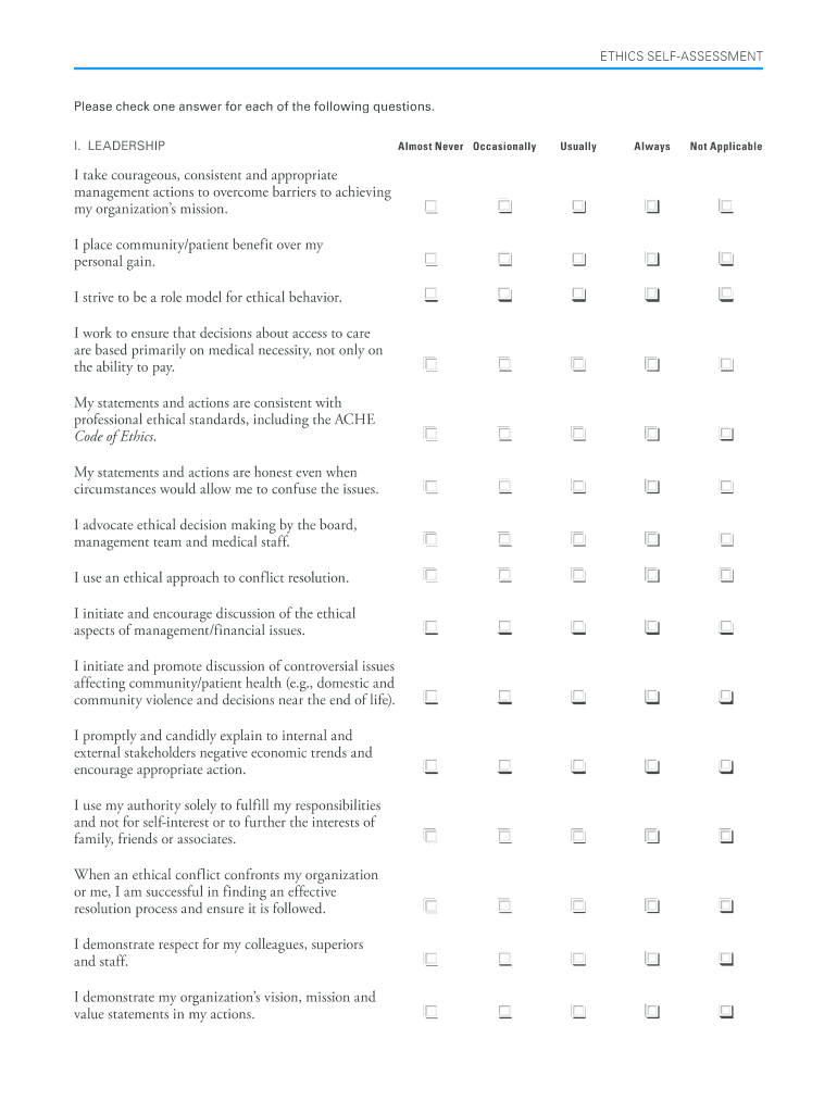 Fillable Online ache Ethics Self-Assessment - American College of ...