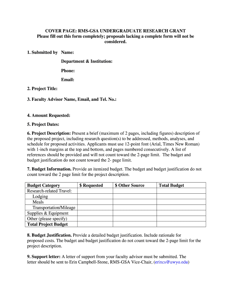 Fillable Online RMS-GSA Undergraduate Research Grant Application Form ...