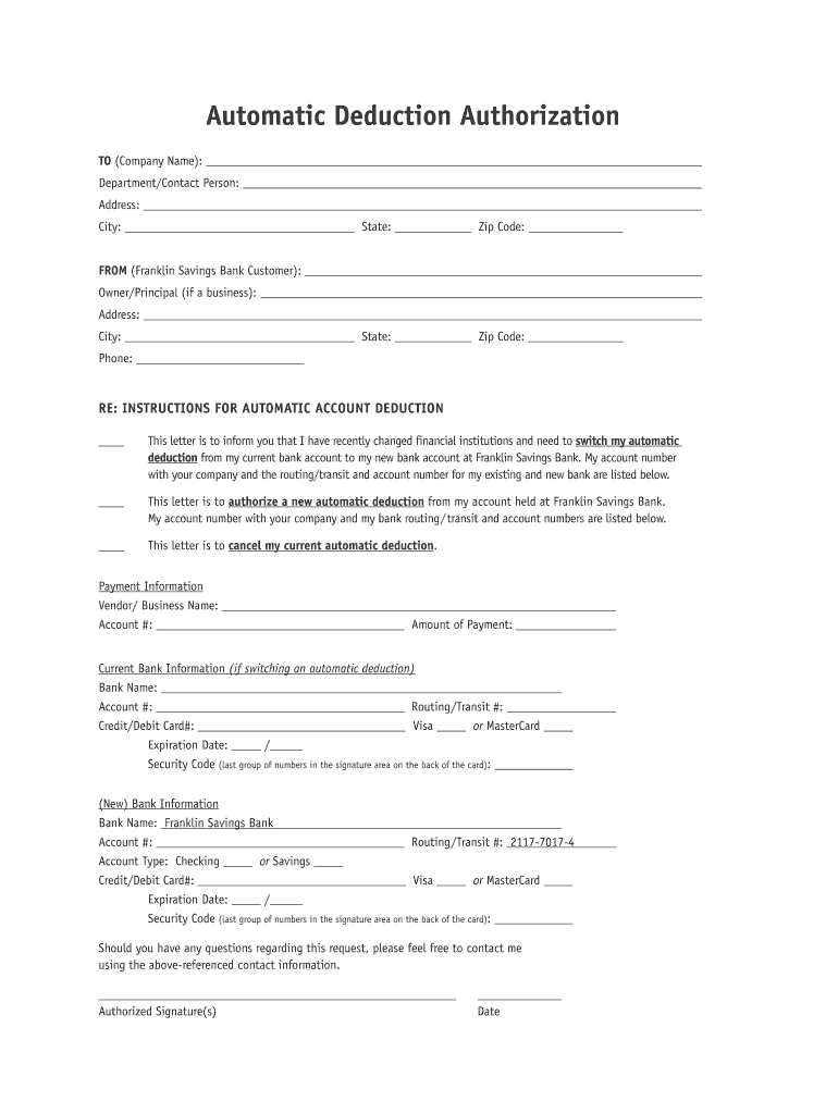 Fillable Online Automatic Deduction Authorization Form Fax Email Print - pdfFiller