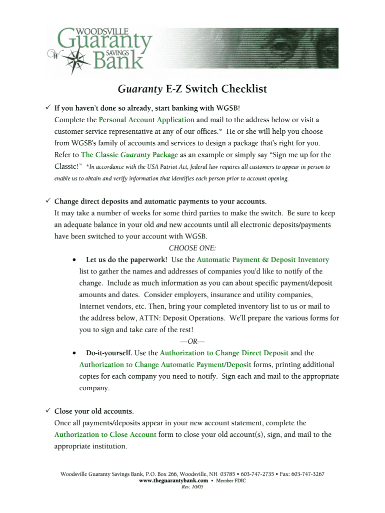 Fillable Online Guaranty E-Z Switch Checklist Fax Email Print - pdfFiller