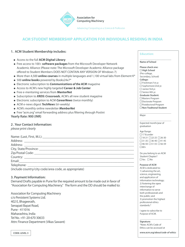 ACM STUDENT MEMBERSHIP APPLICATION FOR INDIVIDUALS RESIDING IN INDIA ...