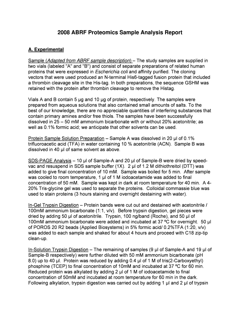 Fillable Online abrf 2008 ABRF Proteomics Sample Analysis Report - abrf ...