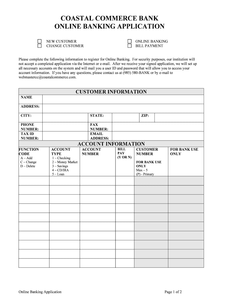 Fillable Online Coastal Commerce Bank Online Banking Application Fax ...