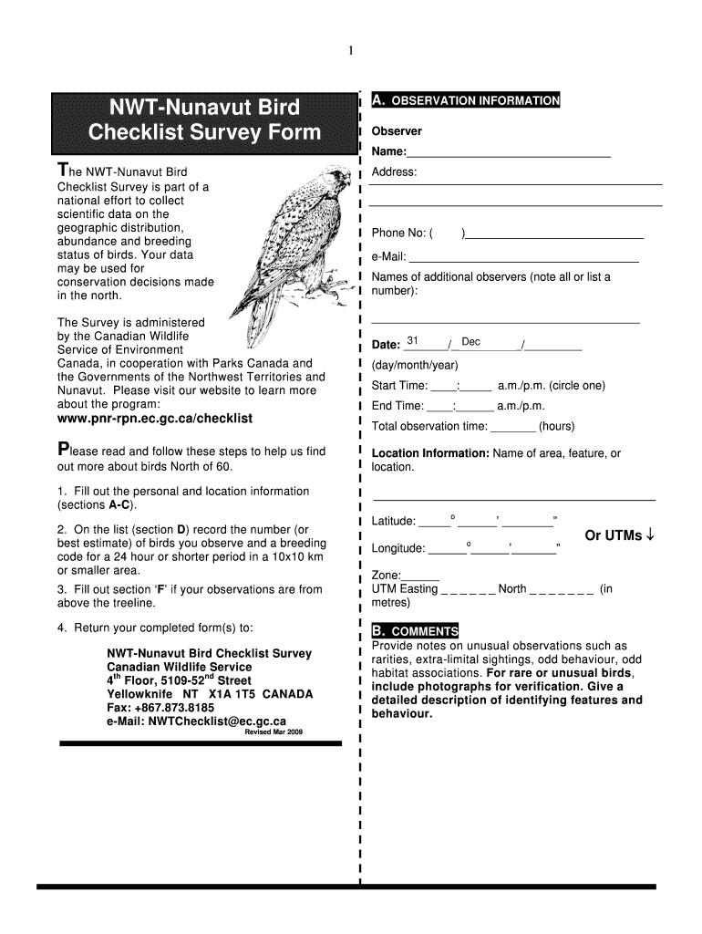 Fillable Online NWT-Nunavut Bird Checklist Survey Fax Email Print ...