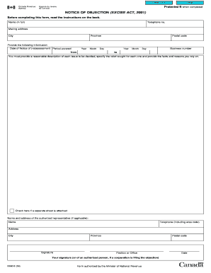 Fillable Online cra-arc gc NOTICE OF OBJECTION (EXCISE ACT, 2001 ...