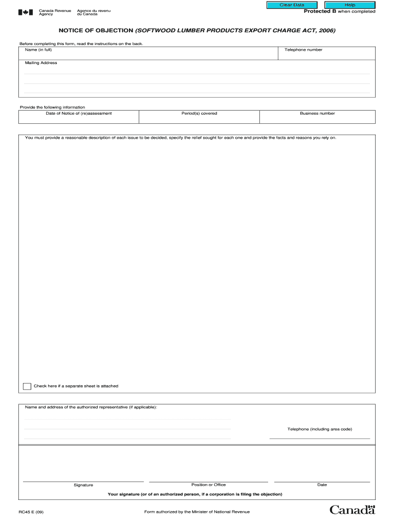 Fillable Online cra-arc gc Notice of objection (softwood lumber products export charge act, 2006 ...