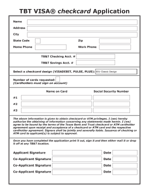 Fillable Online TBT VISA checkcard Application - Texas Bank and Trust ...