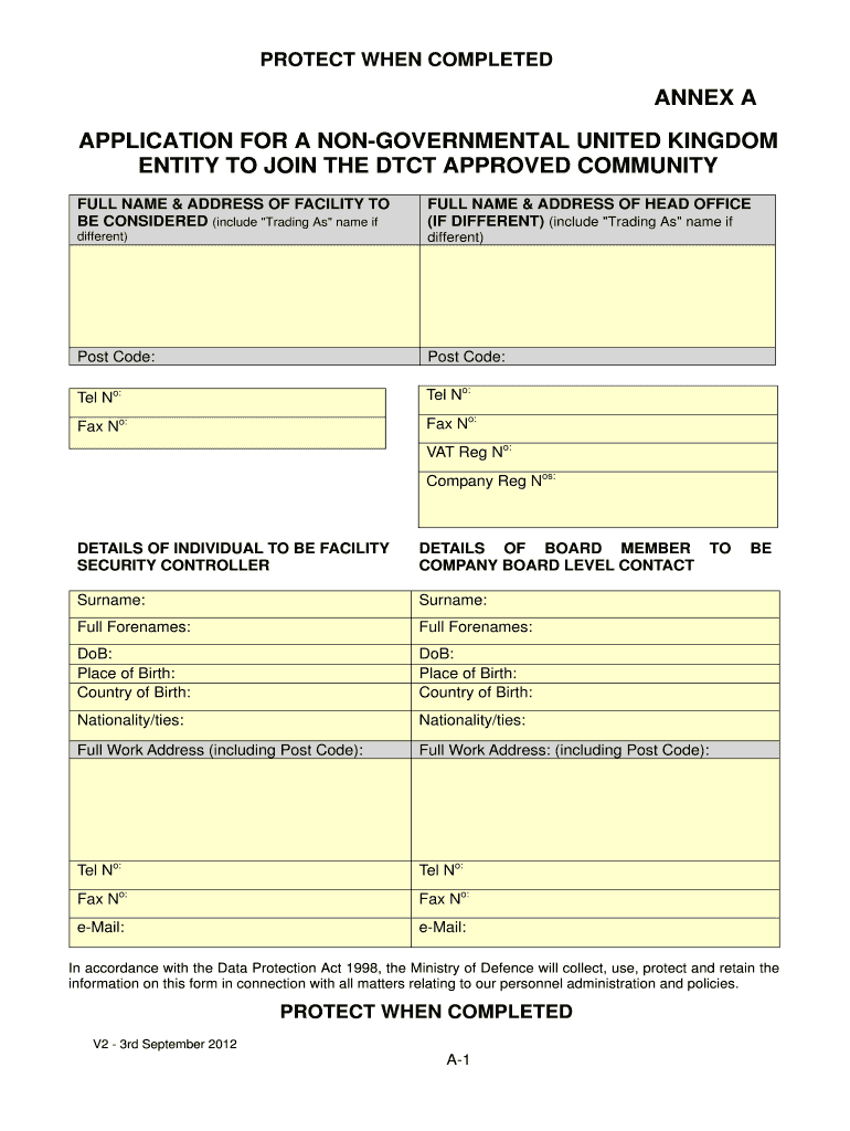 Fillable Online APPLICATION FOR A NON-GOVERNMENTAL UNITED KINGDOM ENTITY TO JOIN THE DTCT ...