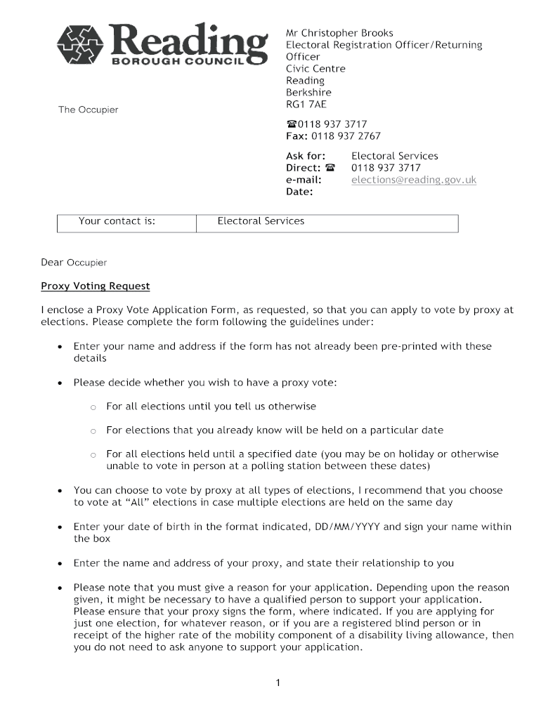 Fillable Online reading gov Proxy Vote Application Form - Reading Borough Council - reading gov ...
