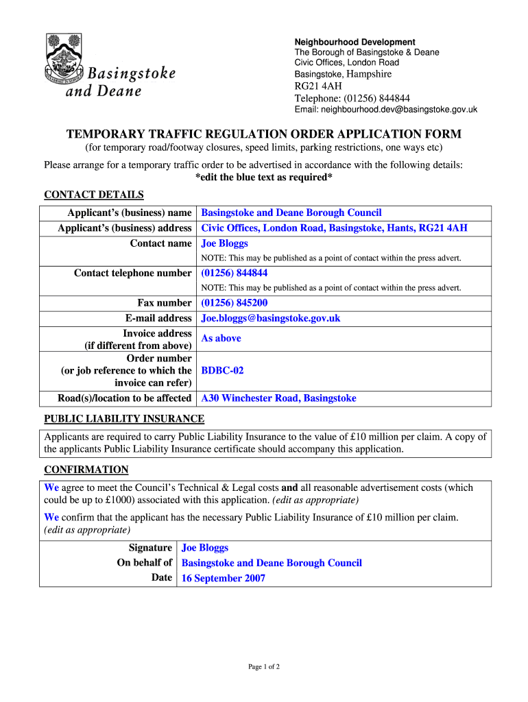 Temporary Traffic Regulation Order Application Form: Fill out & sign ...