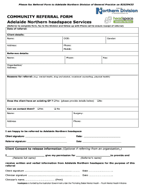 Fillable Online COMMUNITY REFERRAL FORM Adelaide Northern headspace ...