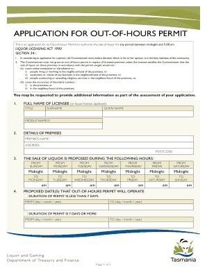Fillable Online ApplICATIon for ouT-of-hours permIT - Department of ...