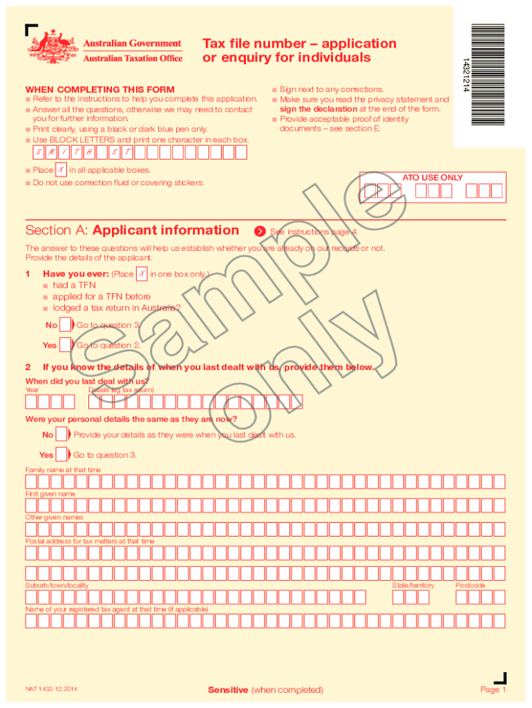 Fillable Online Ato Gov Tax File Number Application Or Enquiry For 