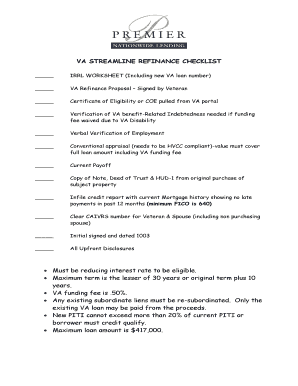 Fillable Online VA STREAMLINE REFINANCE CHECKLIST Must be reducing ...
