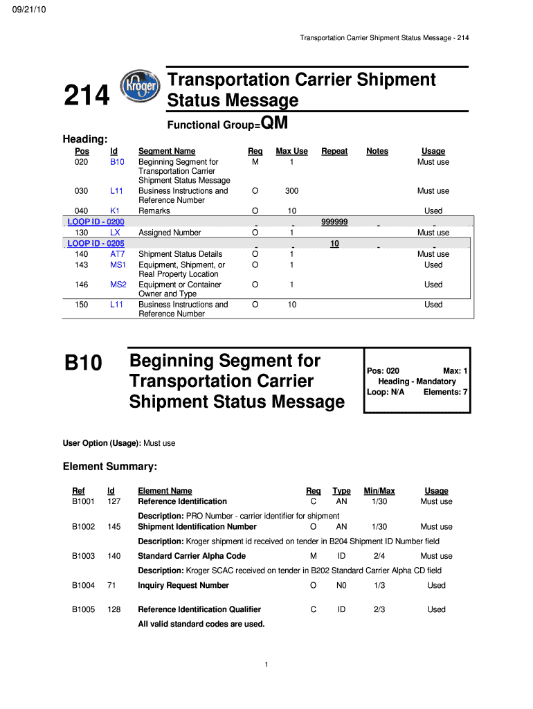 Fillable Online Transportation Carrier Shipment Status Message - 214 Fax Email Print - pdfFiller