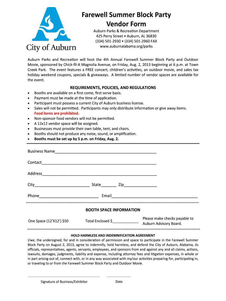 Fillable Online auburnalabama 2013 Farewell Summer Block Party Vendor Form - City of Auburn Fax ...