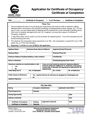 Fillable Online chandleraz Application for Certificate of Occupancy ...