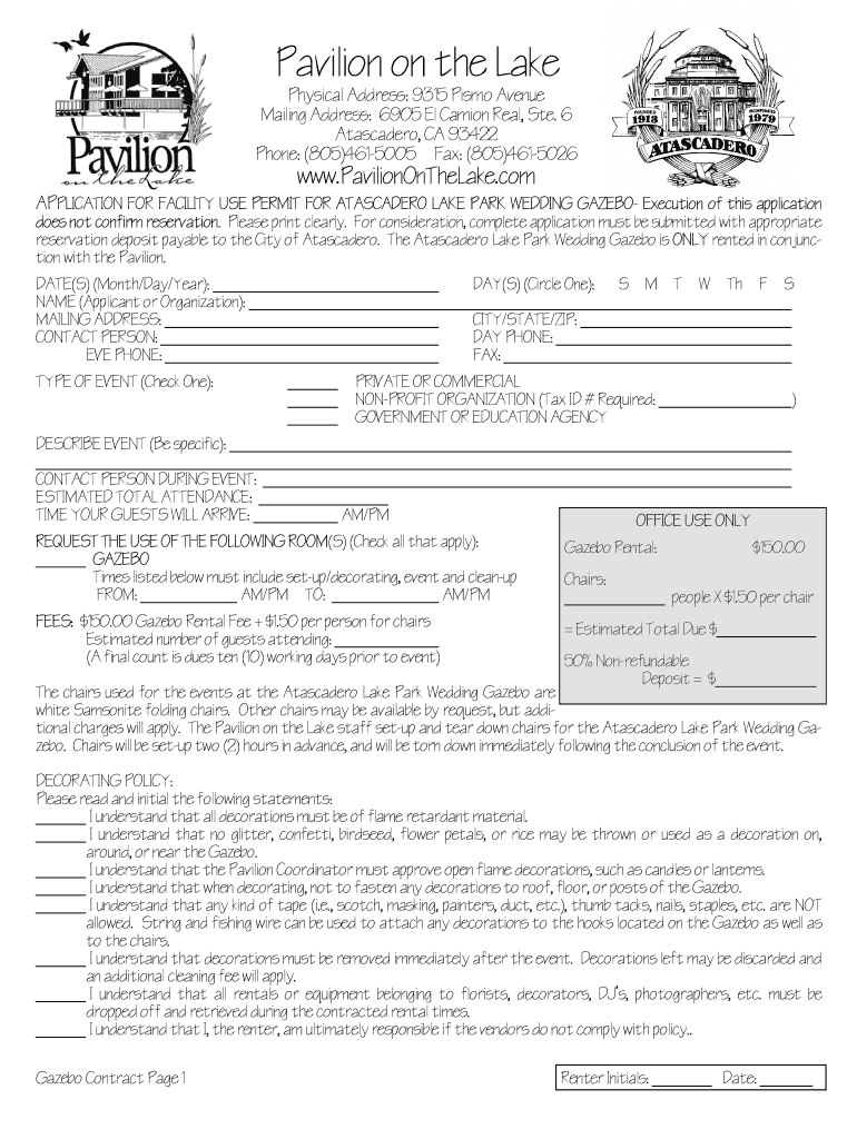 Fillable Online Application for Facility Use Permit for Atascadero Lake Park Wedding Gazebo Fax ...