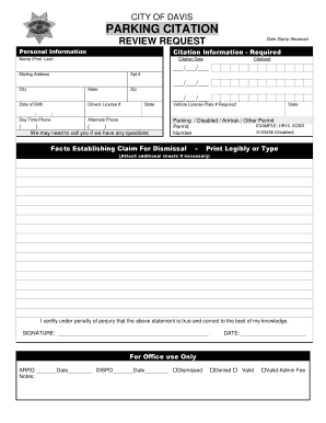 Fillable Online Parking Citation Review Request - Davis Police Department - City of ... Fax ...