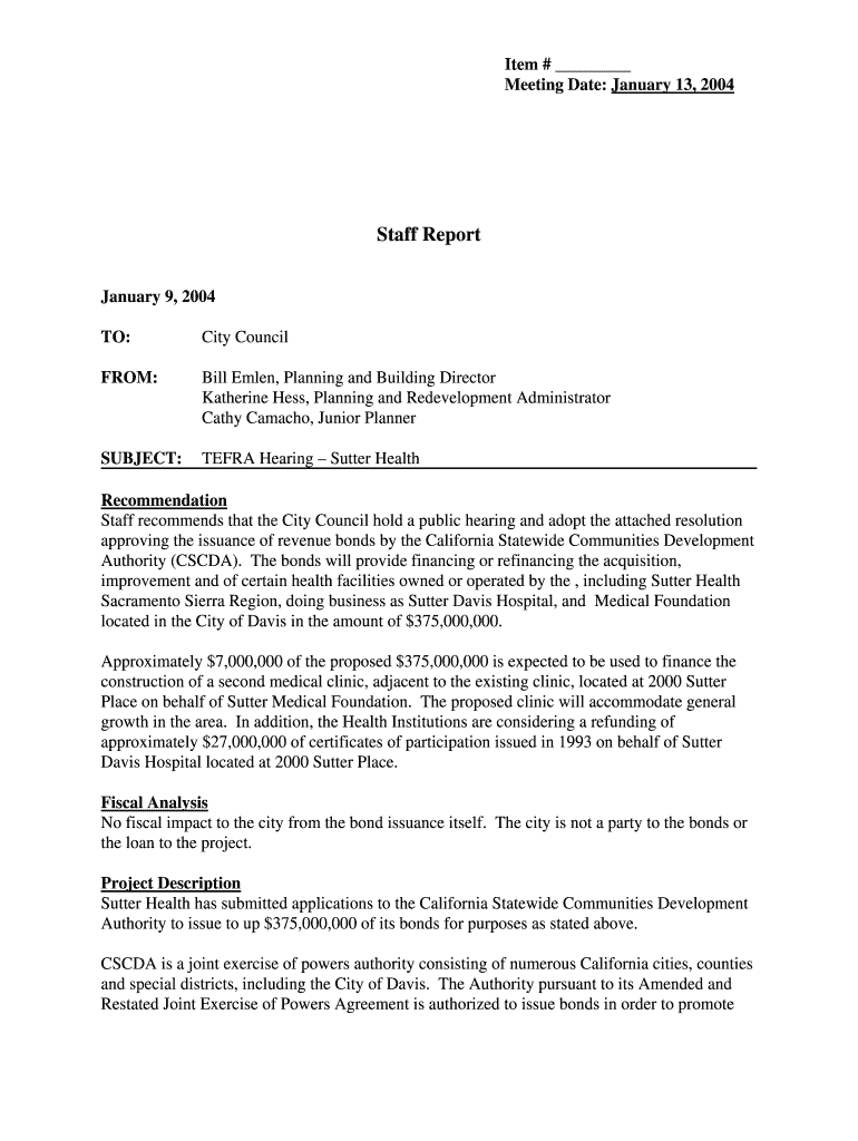 Fillable Online Staff Report for TEFRA Hearing – Sutter Health Fax ...