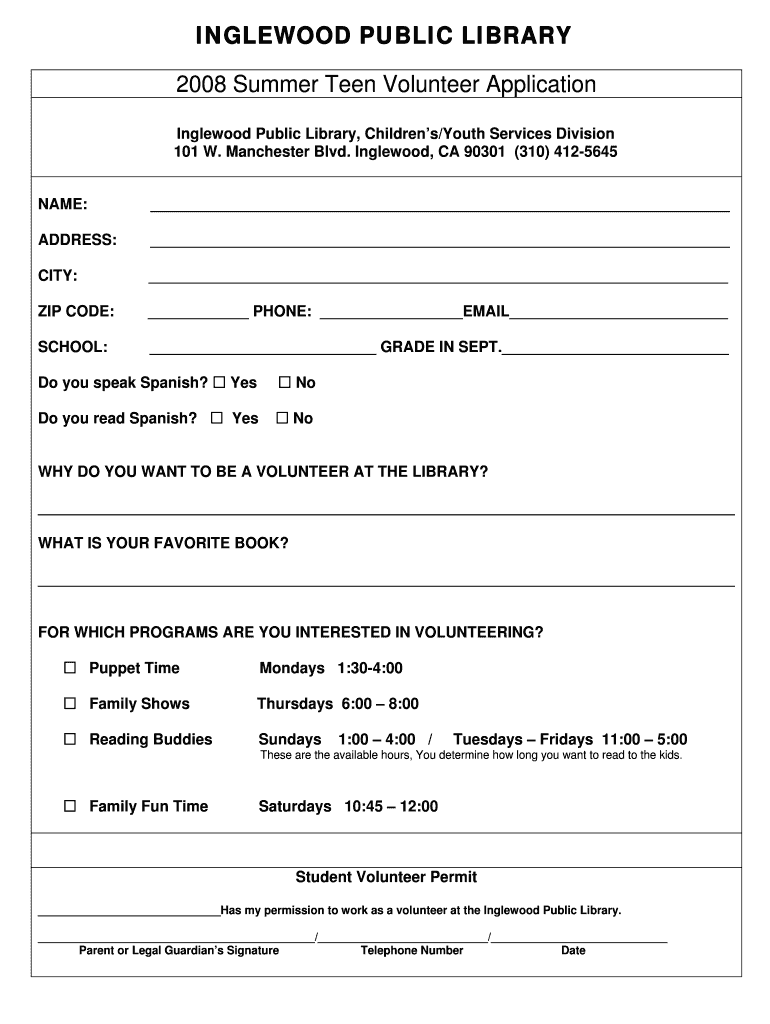 2008 Summer Teen Volunteer Application: Fill out & sign online | DocHub