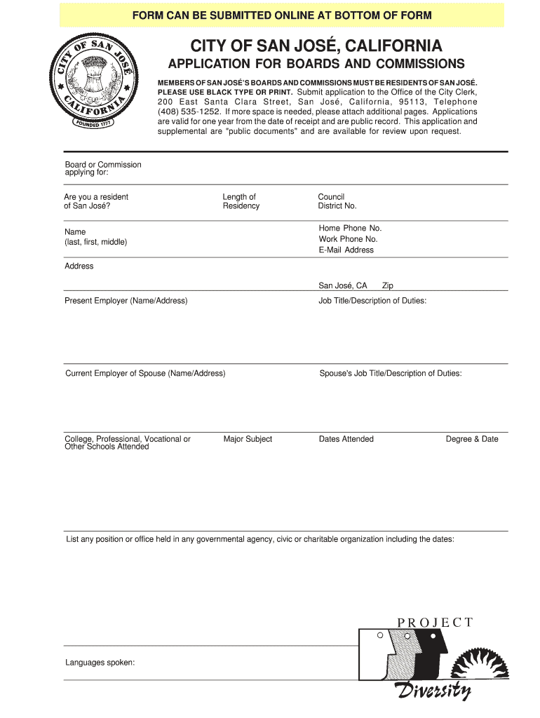Fillable Online City of San José Application for Boards and Commissions Fax Email Print - pdfFiller