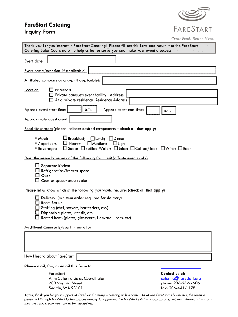 Fillable Online farestart Actual INQUIRY FORM - FareStart Fax Email ...