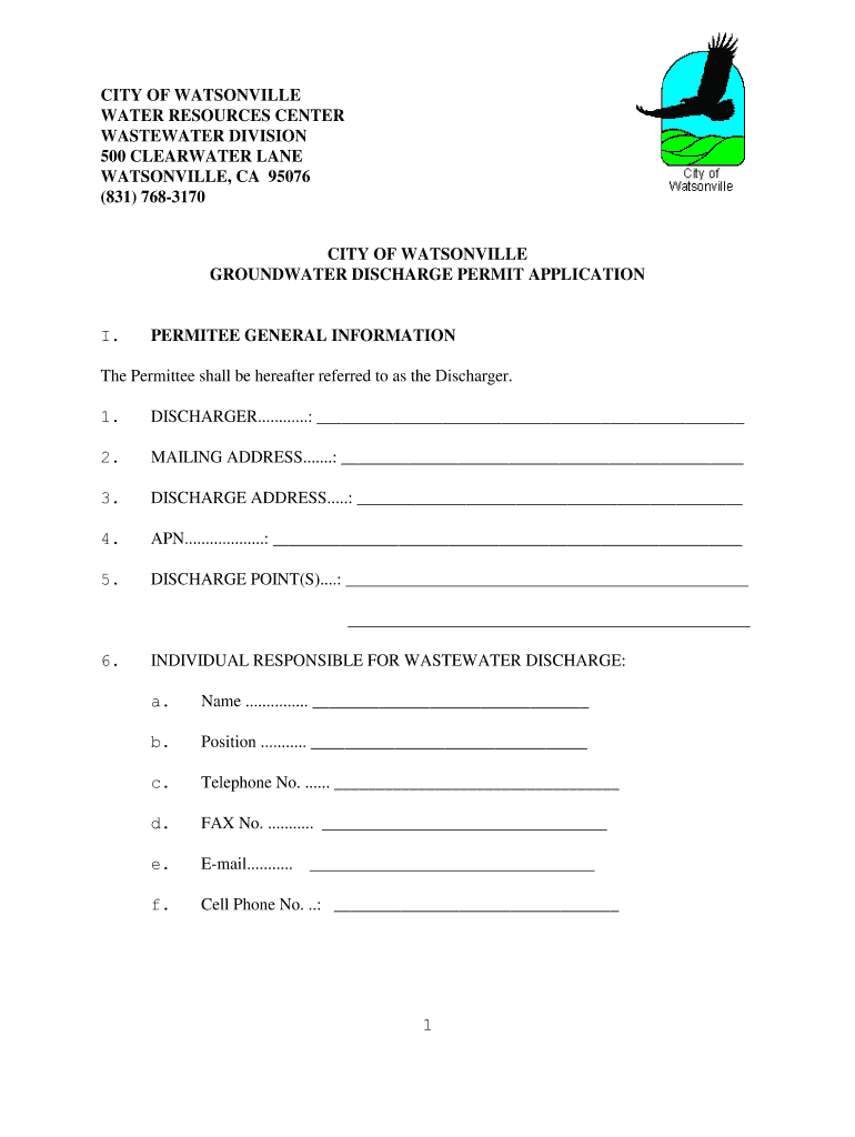 Fillable Online City of Watsonville Groundwater Discharge Permit Application Fax Email Print ...