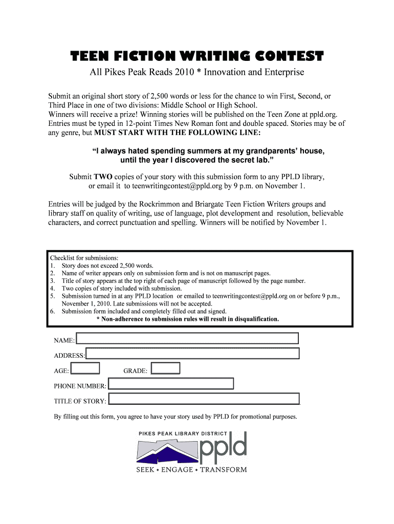 Fillable Online Teen Fiction Writing Contest Submission Form Fax Email ...