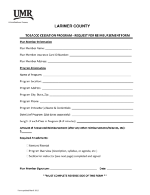 Fillable Online larimer TOBACCO CESSATION PROGRAM - REQUEST FOR REIMBURSEMENT FORM - larimer Fax ...