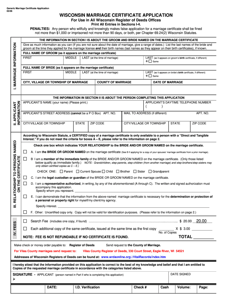 Fillable Online Wisconsin Marriage Certificate Application Fax Email ...