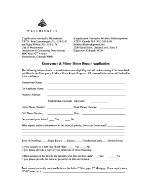 Fillable Online ci westminster co Emergency & Minor Home Repair ...