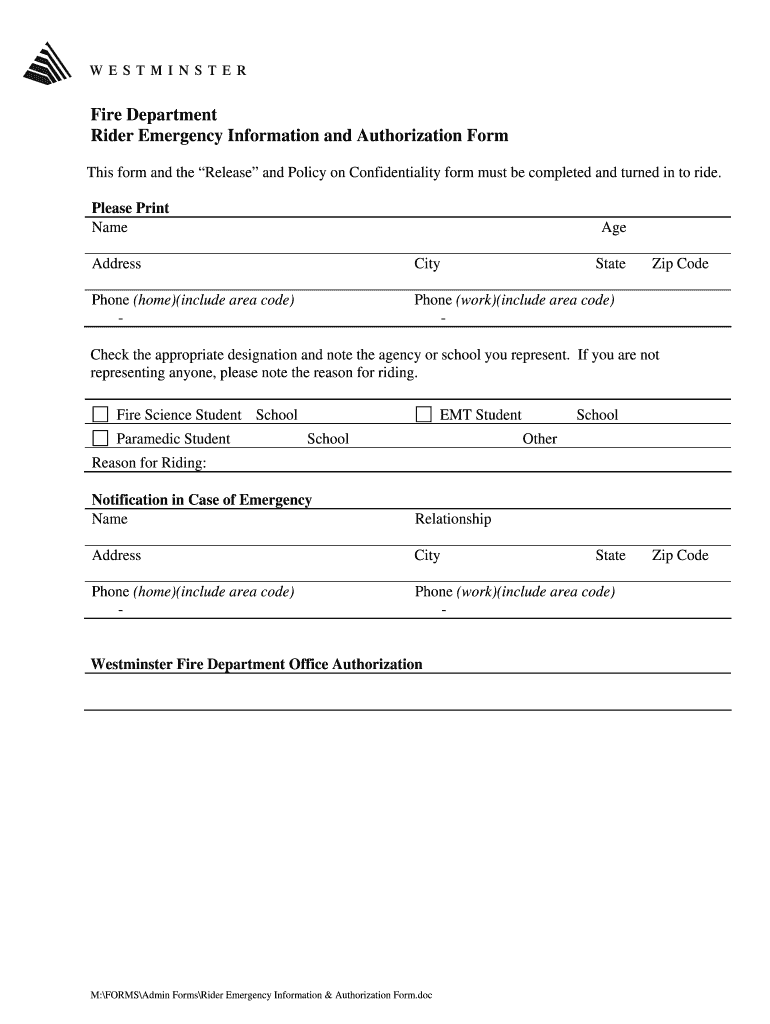 Fillable Online Rider Emergency Information and Authorization Form Fax ...