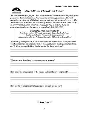 Fillable Online SPORT: Youth Soccer League 2011 COACH FEEDBACK FORM We ...