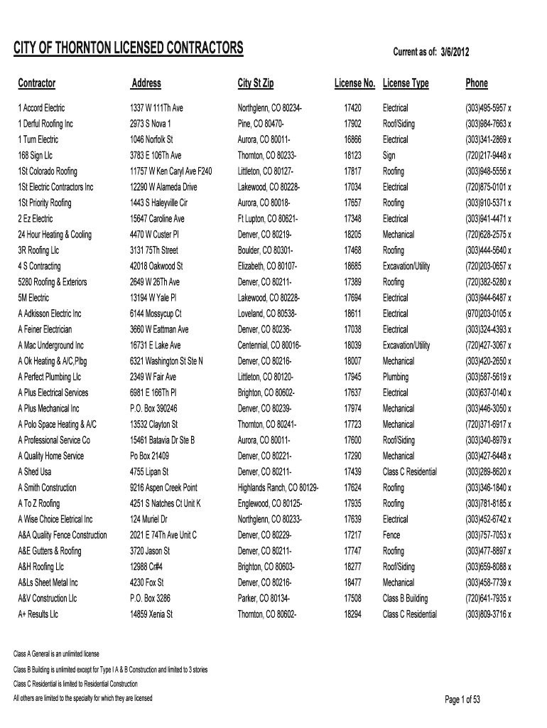 CITY OF THORNTON LICENSED CONTRACTORS: Fill out & sign online | DocHub