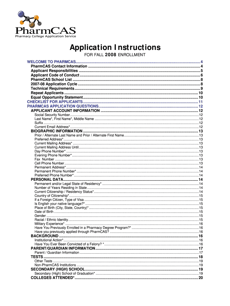 Fillable Online PharmCAS Instructions for the Fall 2008 Entering Class ...