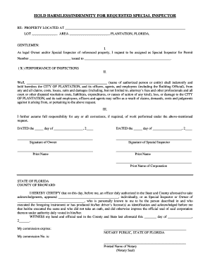 Hold Harmless Form Special Inspector - City Of Plantation - Plantation ...